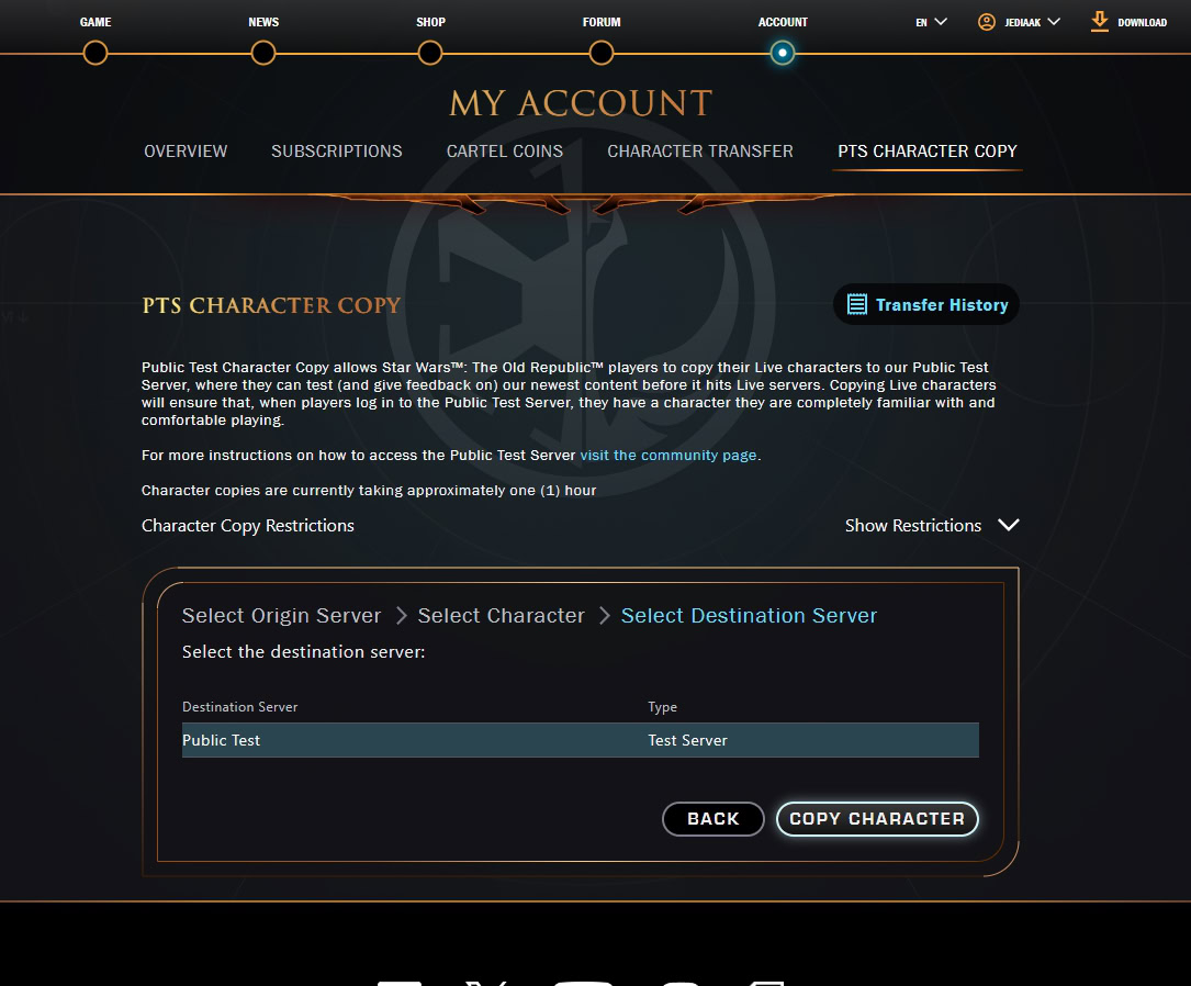 How to Access SWTOR PTS, copy your Characters and UI - VULKK.com