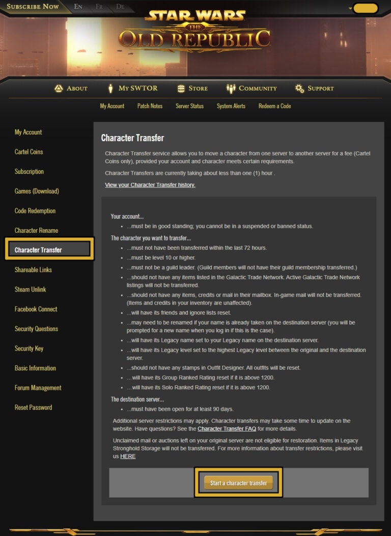 How to Start Out or Transfer a Character on a New SWTOR Server - VULKK.com
